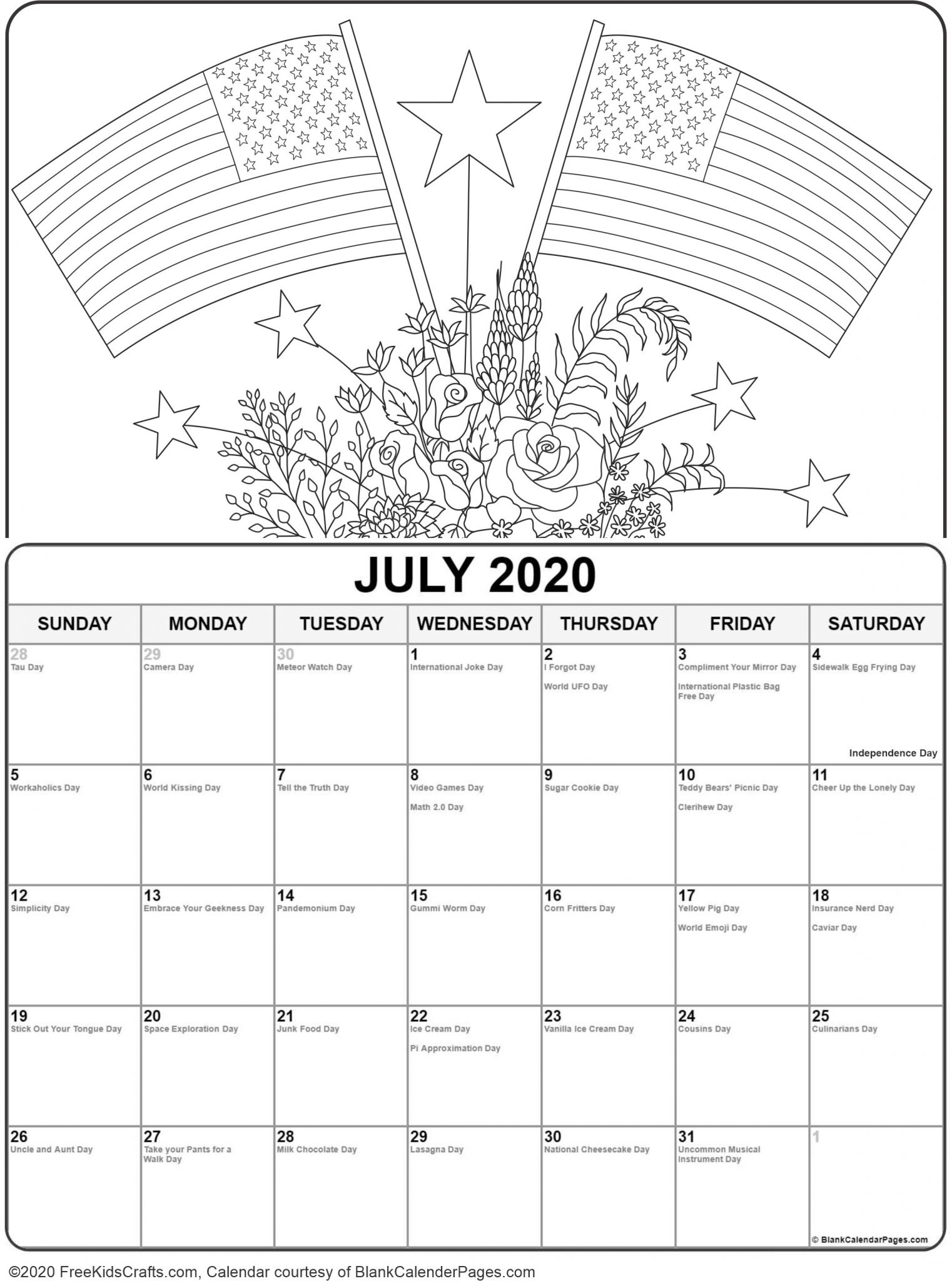 Printable 2020 July Coloring Calendar
