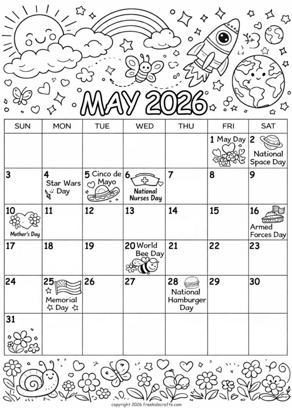 Printable May Coloring Calendar